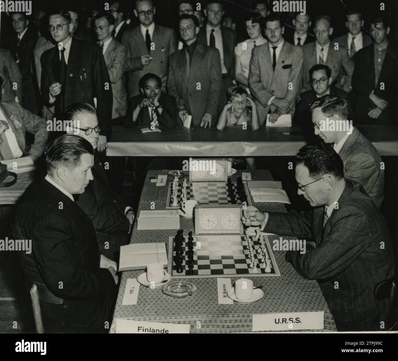 Amsterdam (Netherlands), 1954. Mikhail Botvinnik and Vasili Smyslov at ...