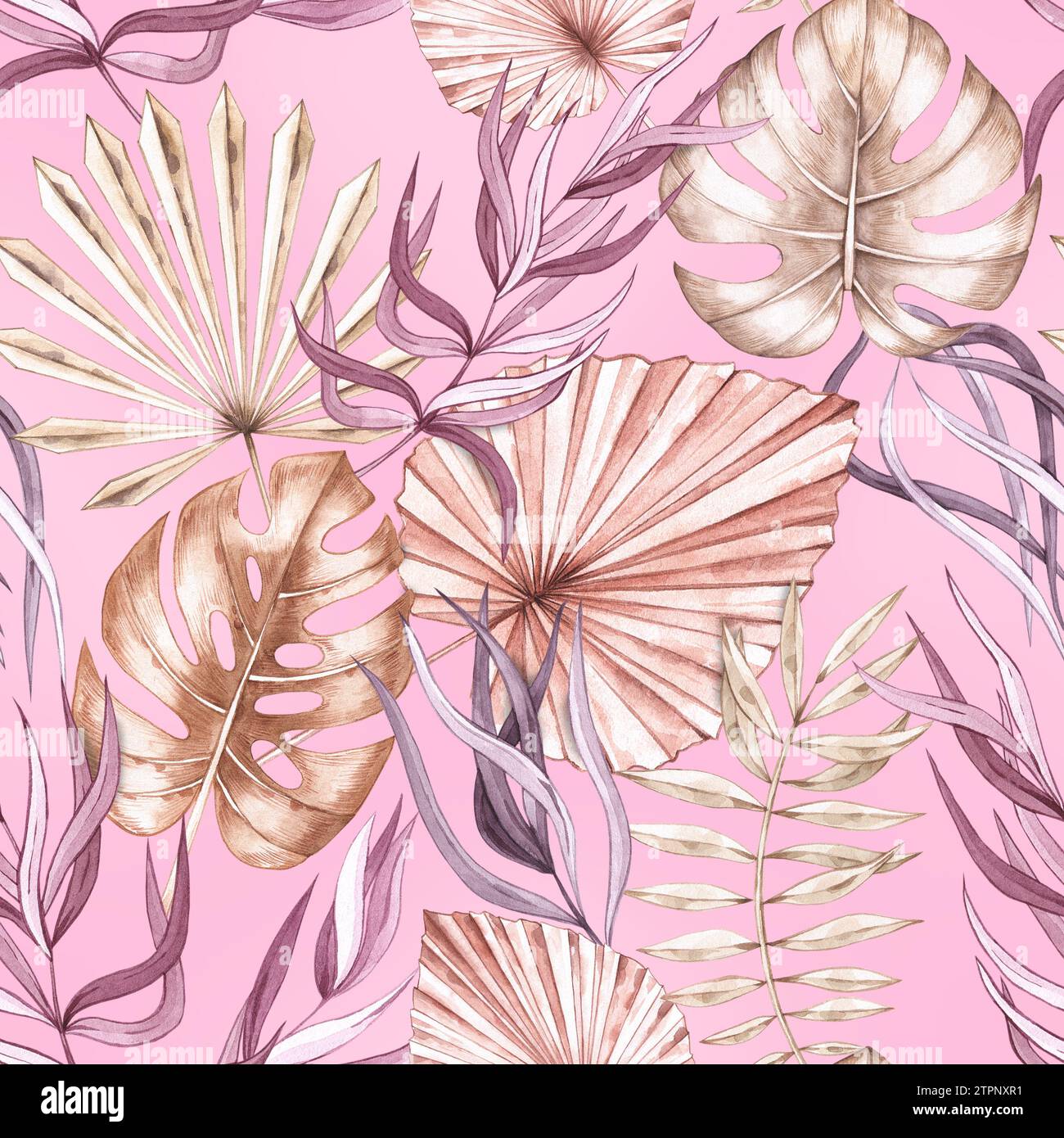 Tropical watercolor floral pattern in pastel shades. Palm leaves ...