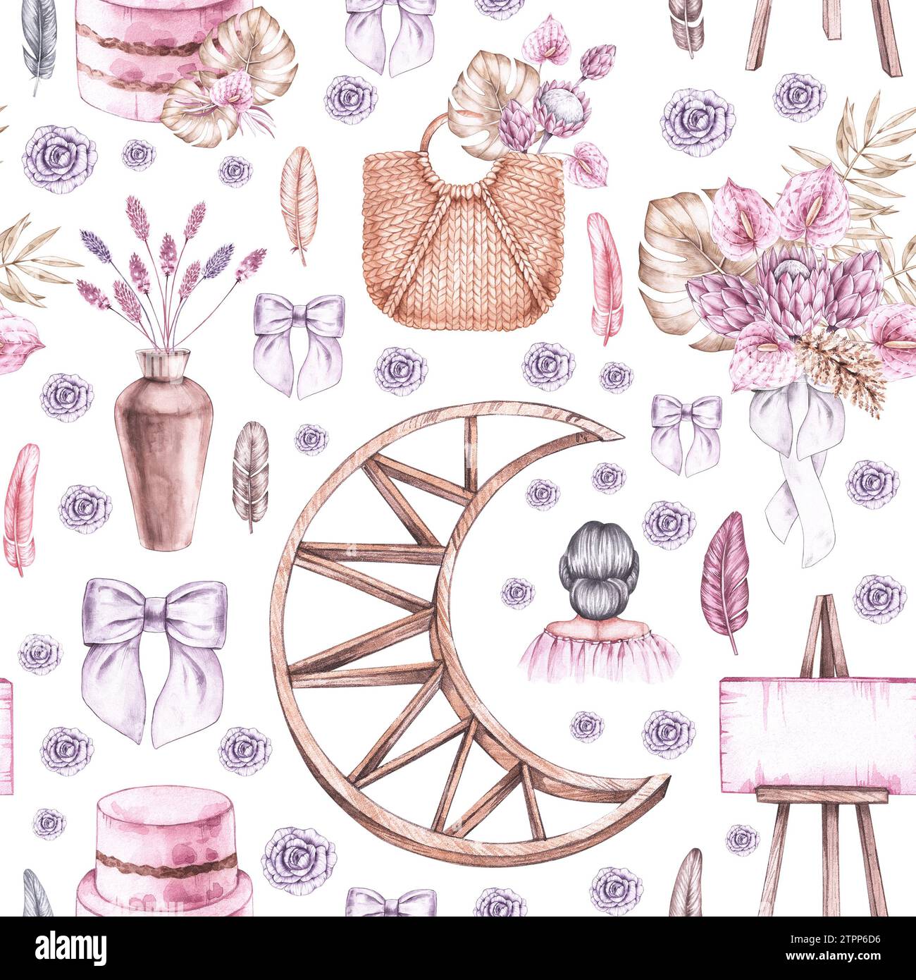 Wedding pattern with accessories, bride, bouquets, flowers on a white ...