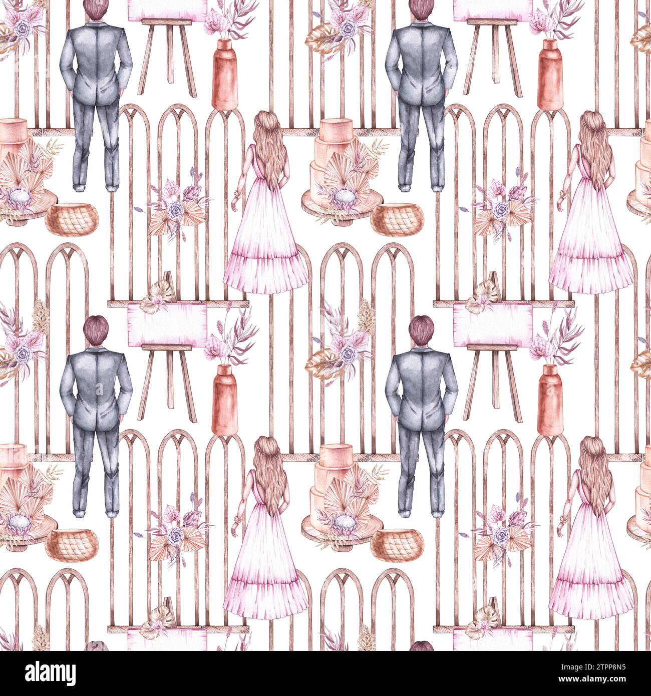 Wedding pattern with newlyweds, accessories, wedding arch, flowers on a ...