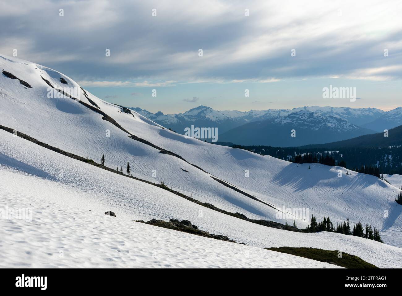Snowy Panorama Ridge with distant mountain silhouettes under a cloudy ...