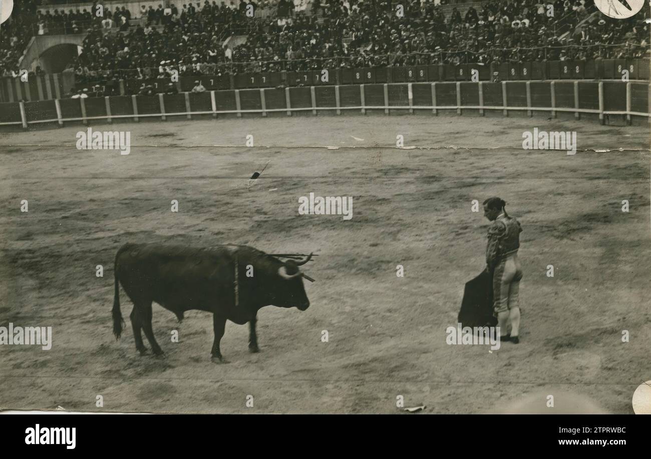La Coruña, August 1909. Vicente Pastor preparing his bull for death ...