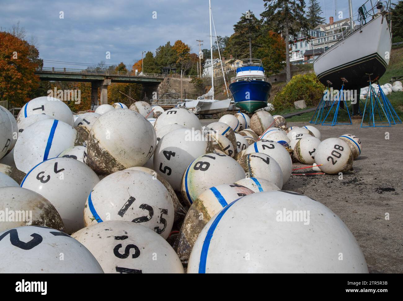 Mooring Buoys: Floats to mark off-shore anchoring spots lie stacked in ...
