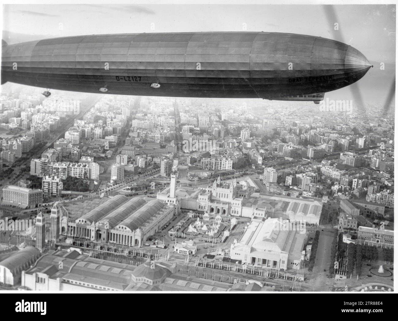 Barcelona, 5/16/1929. The Count Zeppelin airship flying over the city ...