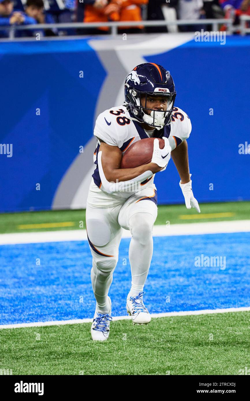 Denver Broncos running back Jaleel McLaughlin (38) during warm ups ...