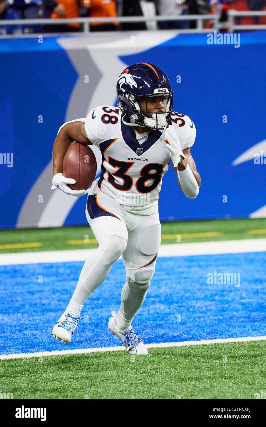 Denver Broncos running back Jaleel McLaughlin (38) during warm ups ...