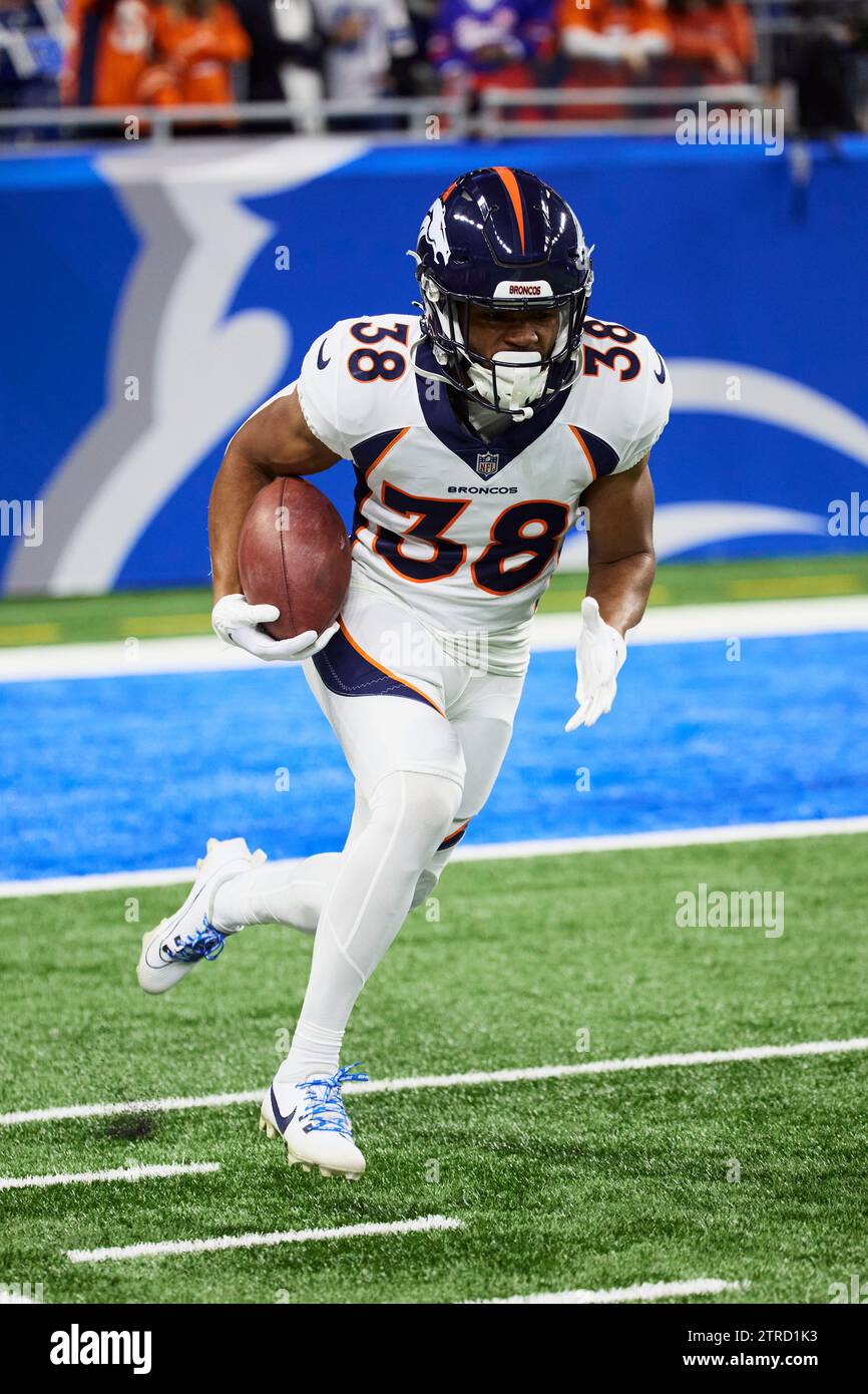 Denver Broncos running back Jaleel McLaughlin (38) during warm ups ...