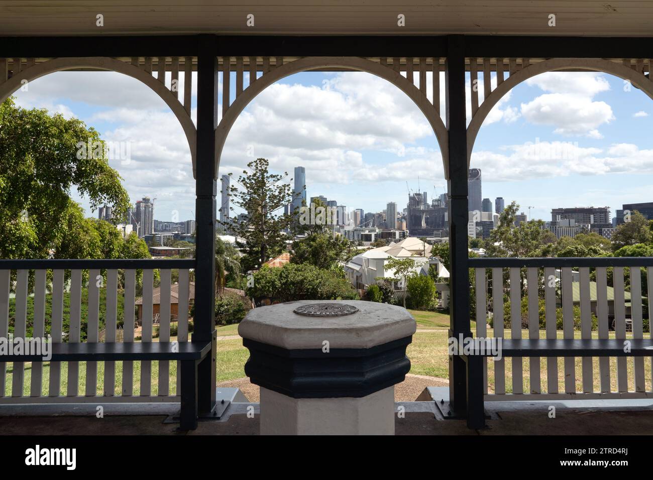 Trellis on rotunda framing Brisbane skyline view from Highgate Hill ...