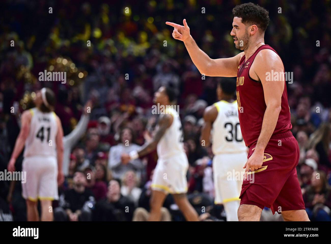 Cleveland Cavaliers forward Georges Niang celebrates after a 3-point ...