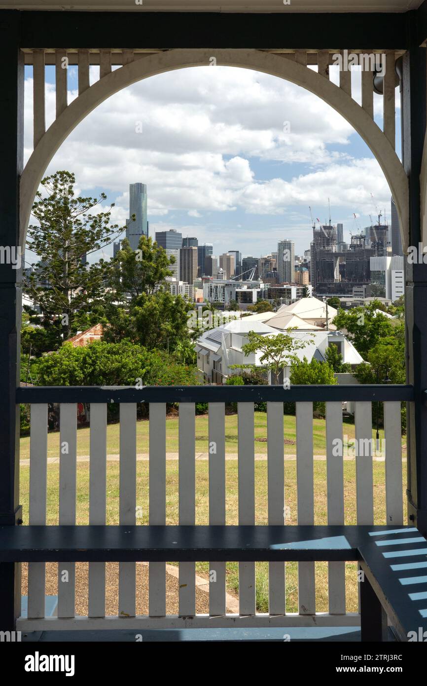 Trellis on rotunda framing Brisbane skyline view from Highgate Hill ...