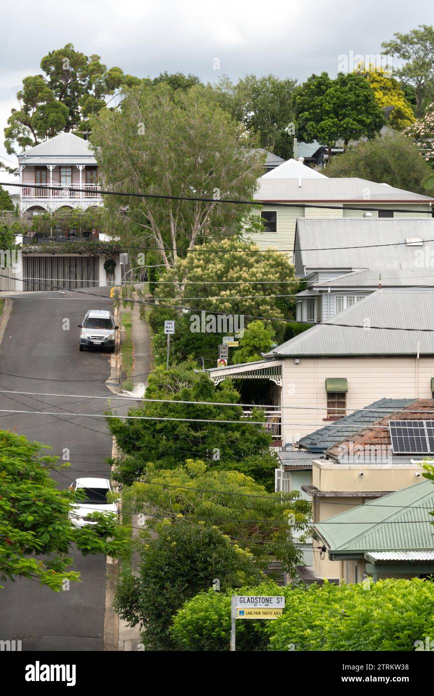Urban streetscape of Brisbane, Australia with Queenslander architecture ...