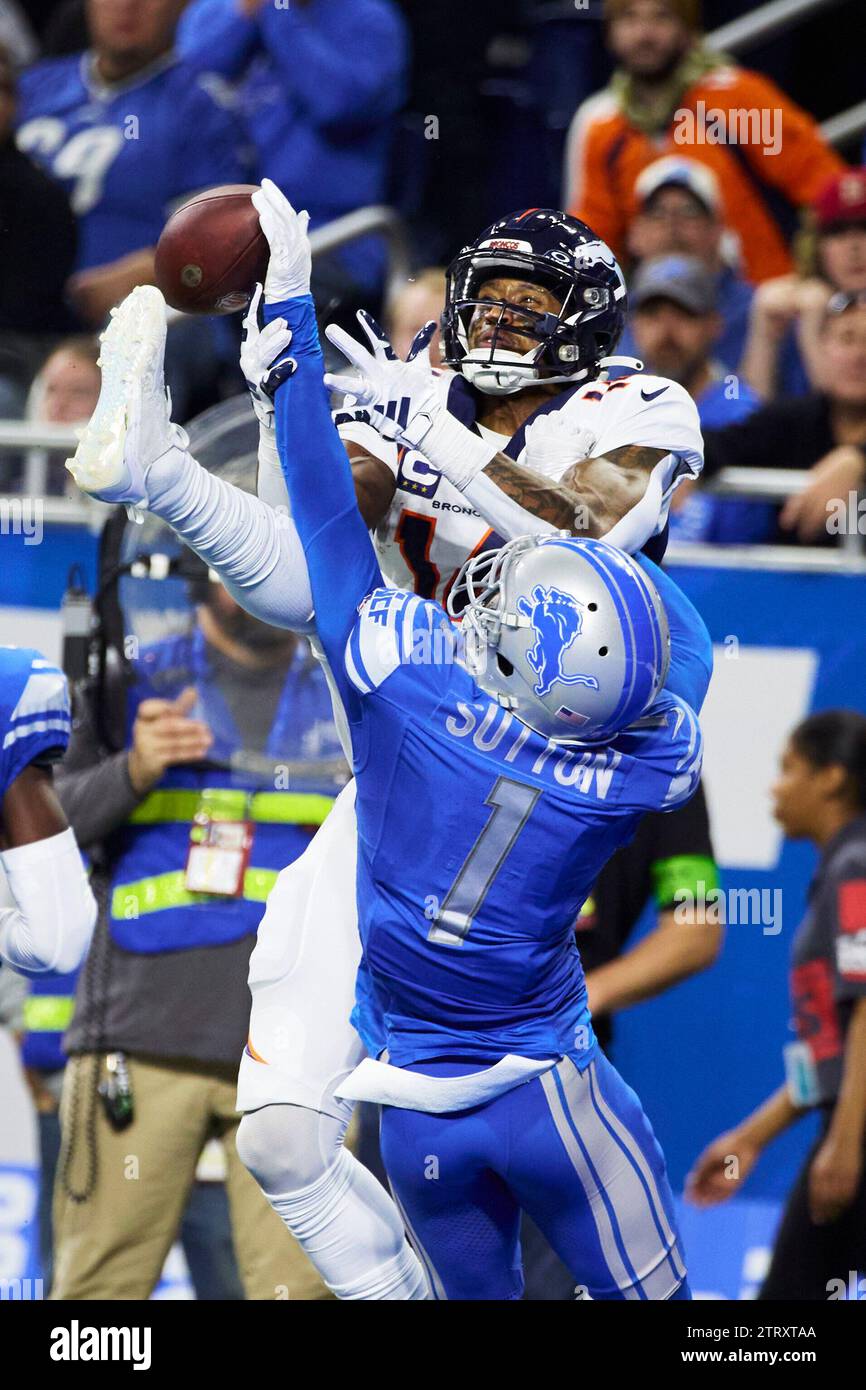 Detroit Lions cornerback Cameron Sutton (1) breaks up a pass to Denver ...