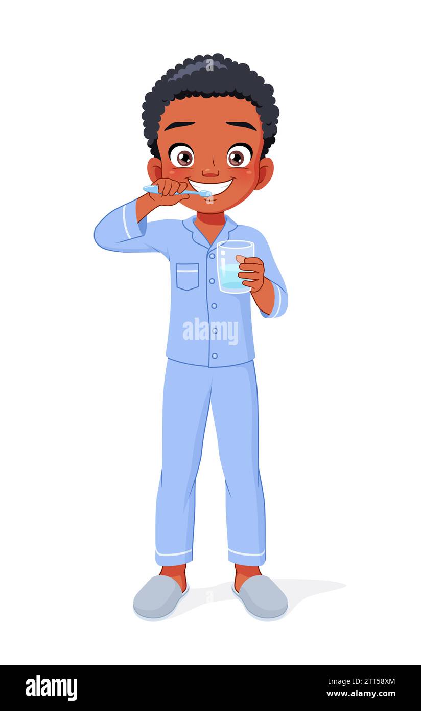 Cute African American boy brushing his teeth. Cartoon vector ...