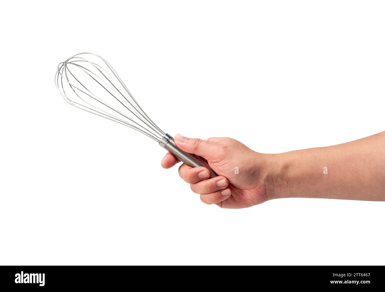 Men hand holding a stainless steel whisk isolated on a white background ...