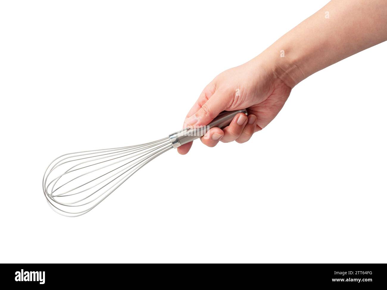 Men hand holding a stainless steel whisk isolated on a white background ...