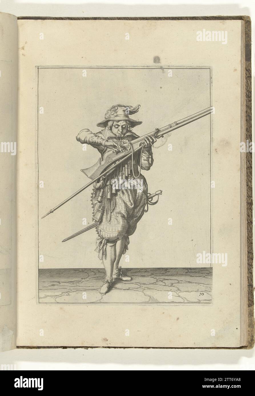 Soldier who blows his wick clean, covering the pan of his musket with ...