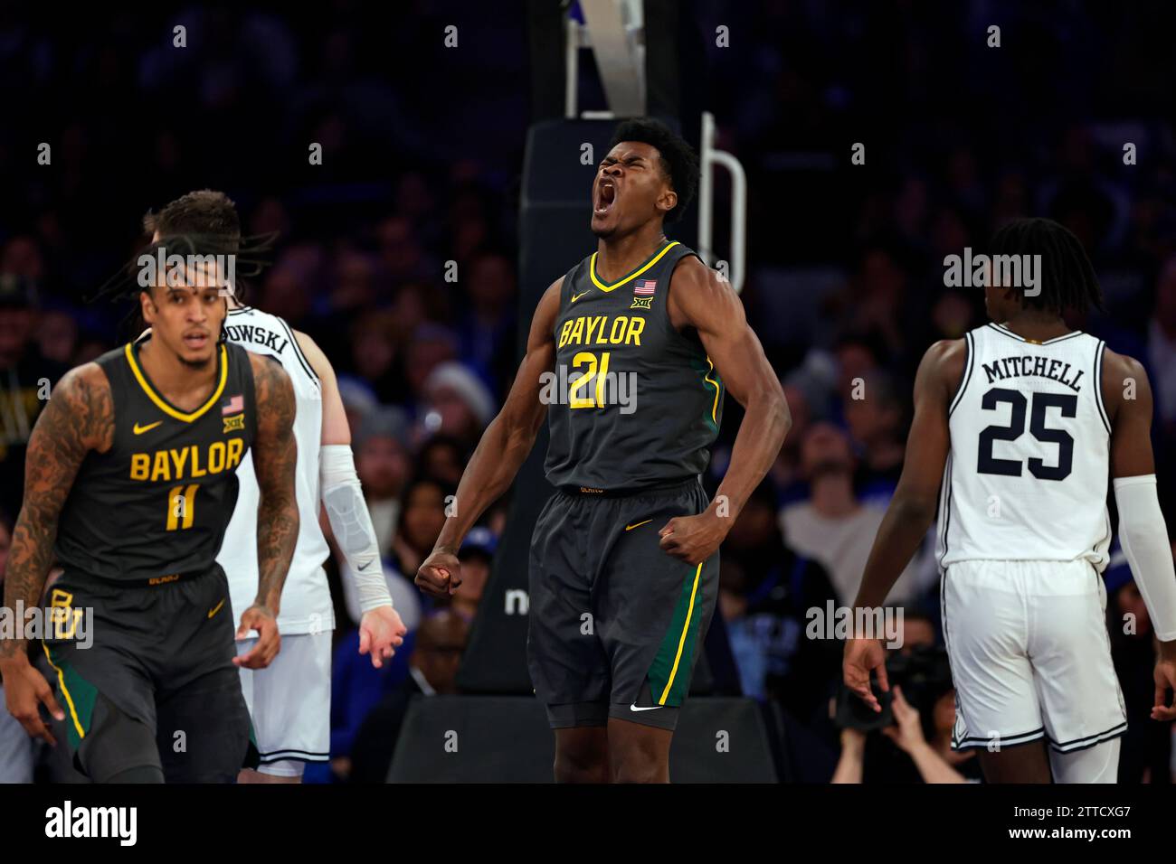 Baylor center Yves Missi (21) reacts after making a basket against Duke ...