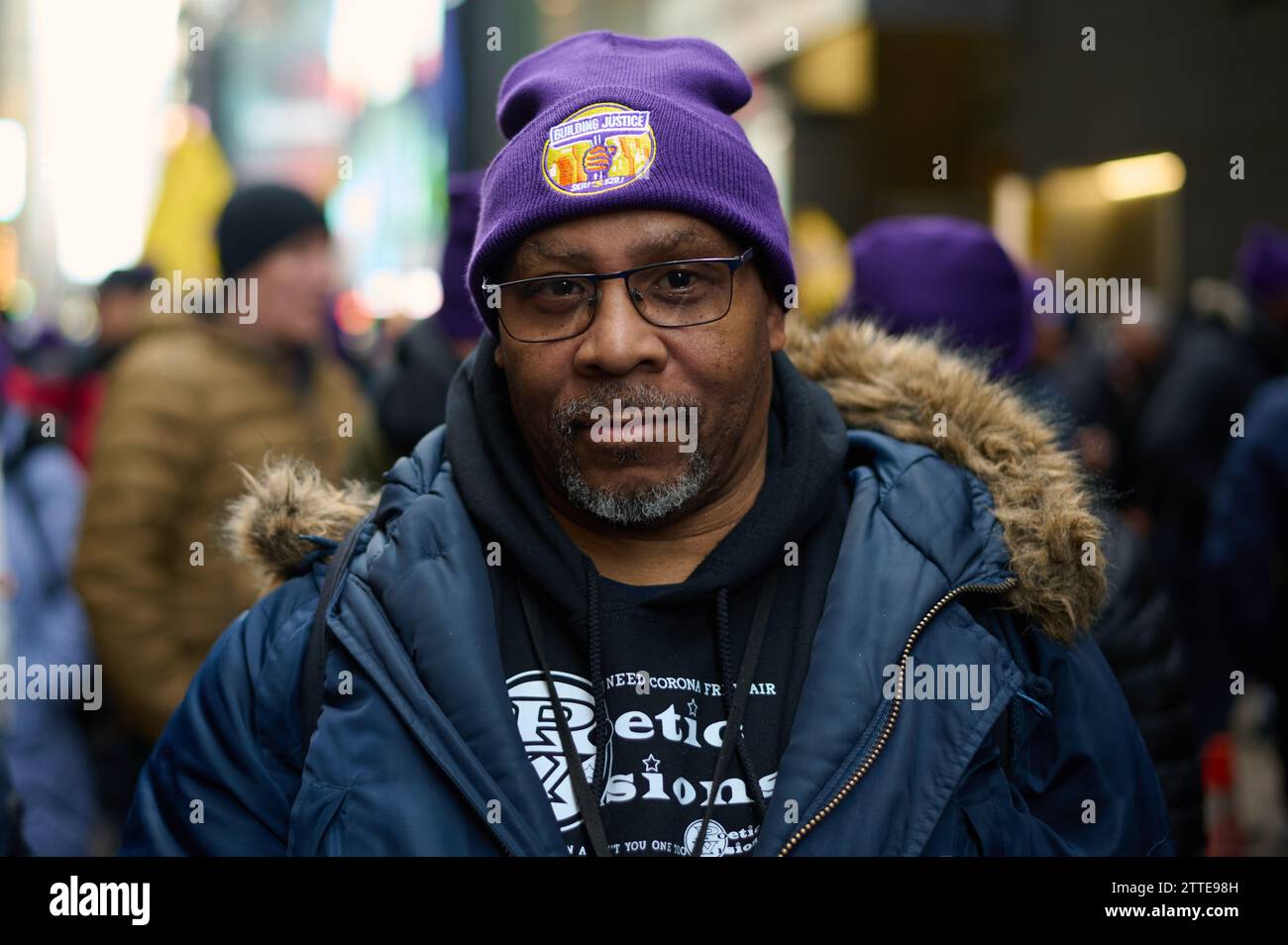 New York, New York, USA. 20th Dec, 2023. Members of the 32BJ union ...