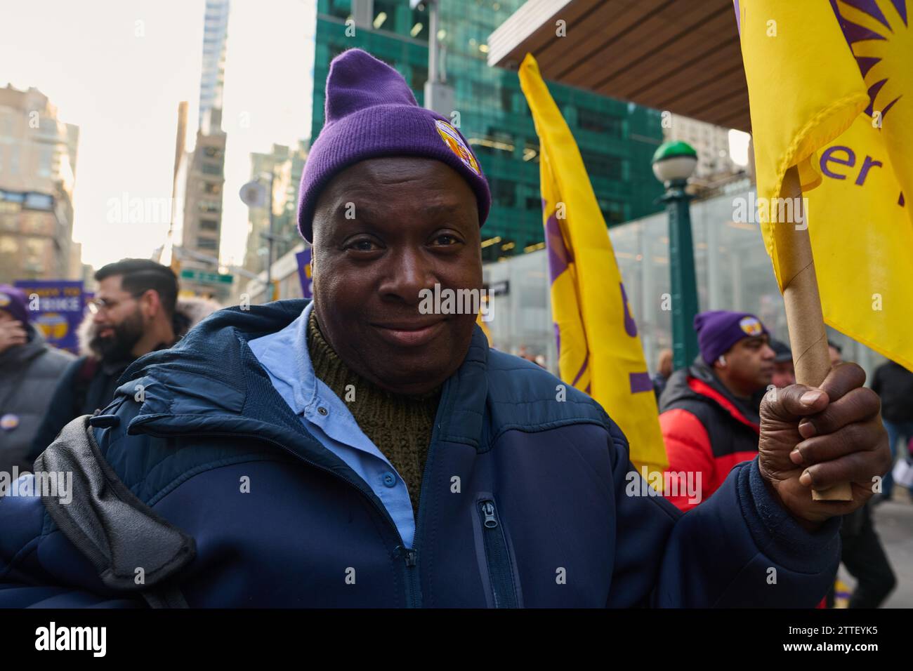 New York, New York, USA. 20th Dec, 2023. Members of the 32BJ union ...