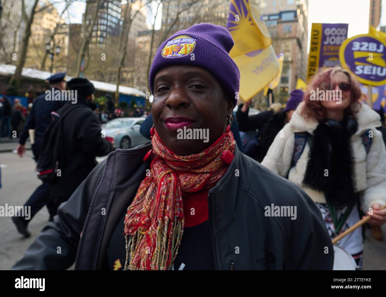 New York, New York, USA. 20th Dec, 2023. Members of the 32BJ union ...