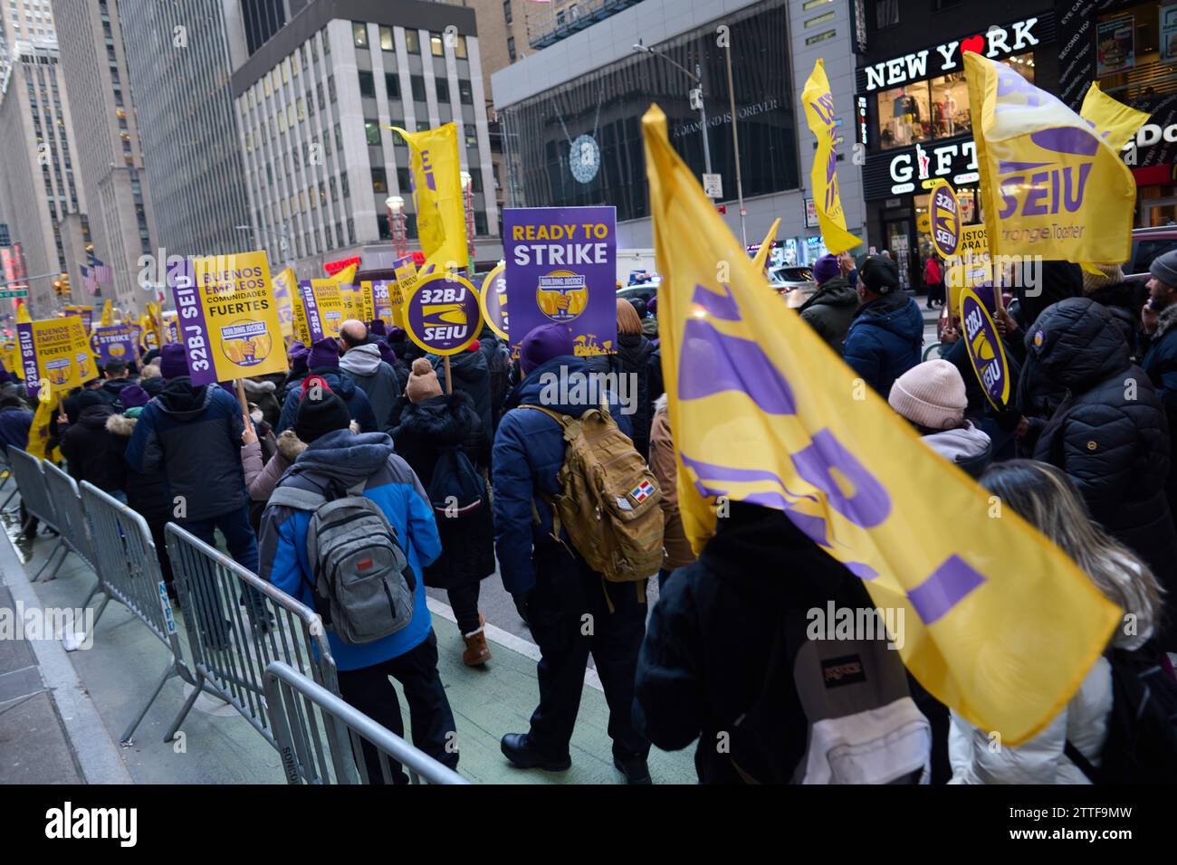 New York, New York, USA. 20th Dec, 2023. Members of the 32BJ union ...
