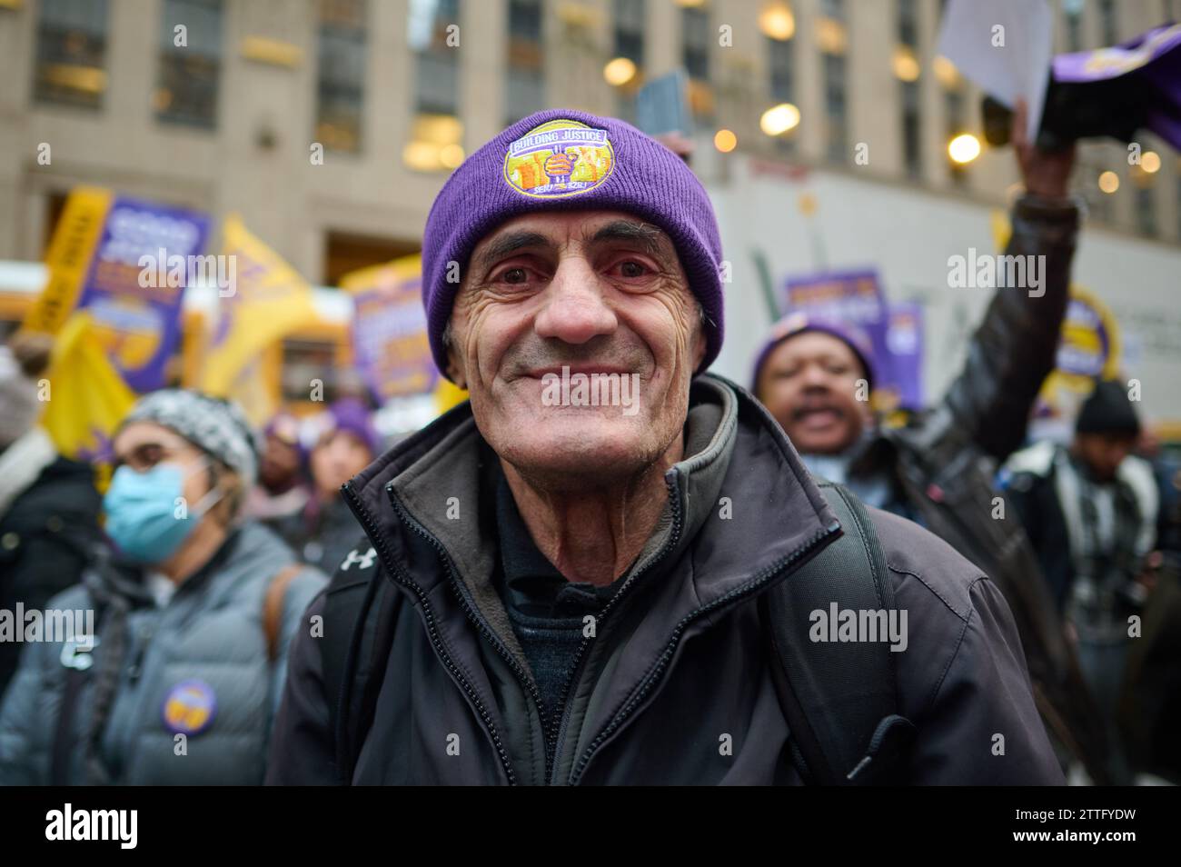 New York, New York, USA. 20th Dec, 2023. Members of the 32BJ union ...