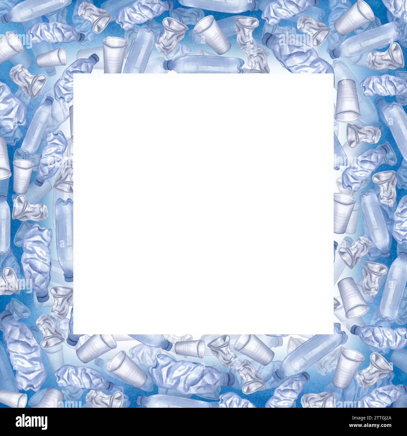 Square frame with plastic trash. Disposable blue transparent bottles ...
