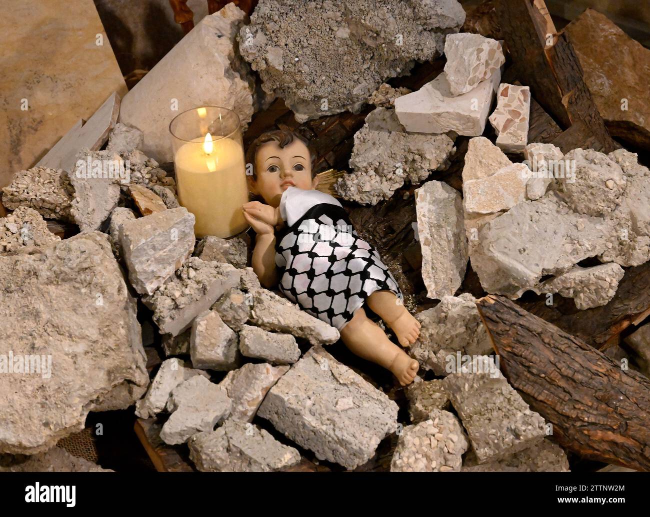 An installation of the baby Jesus laying in ruins, symbolizing children ...