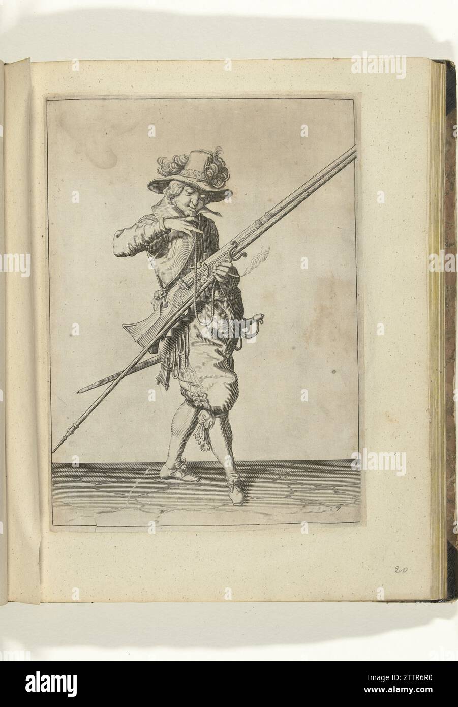 Soldier with a musket who brings his wick to his mouth to blow him ...