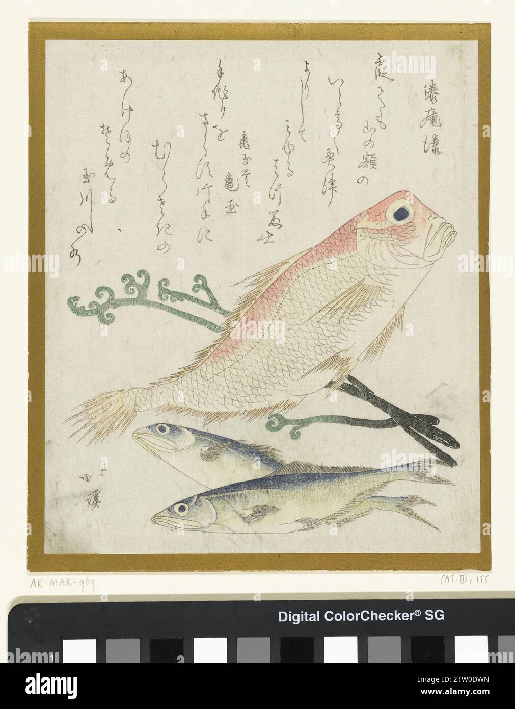 Three fish and eagle fern, Totoya Hokkei, c. 1815 - c. 1820 A sea bass ...