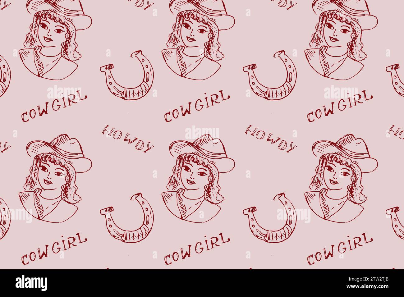 Wild west pattern with cowgirl, horseshoe and lettering. Vector ...