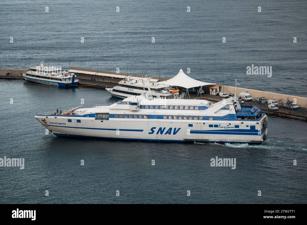 SORRENTO, ITALY - AUGUST 2019: Fast ferry of the SNAV company entering ...