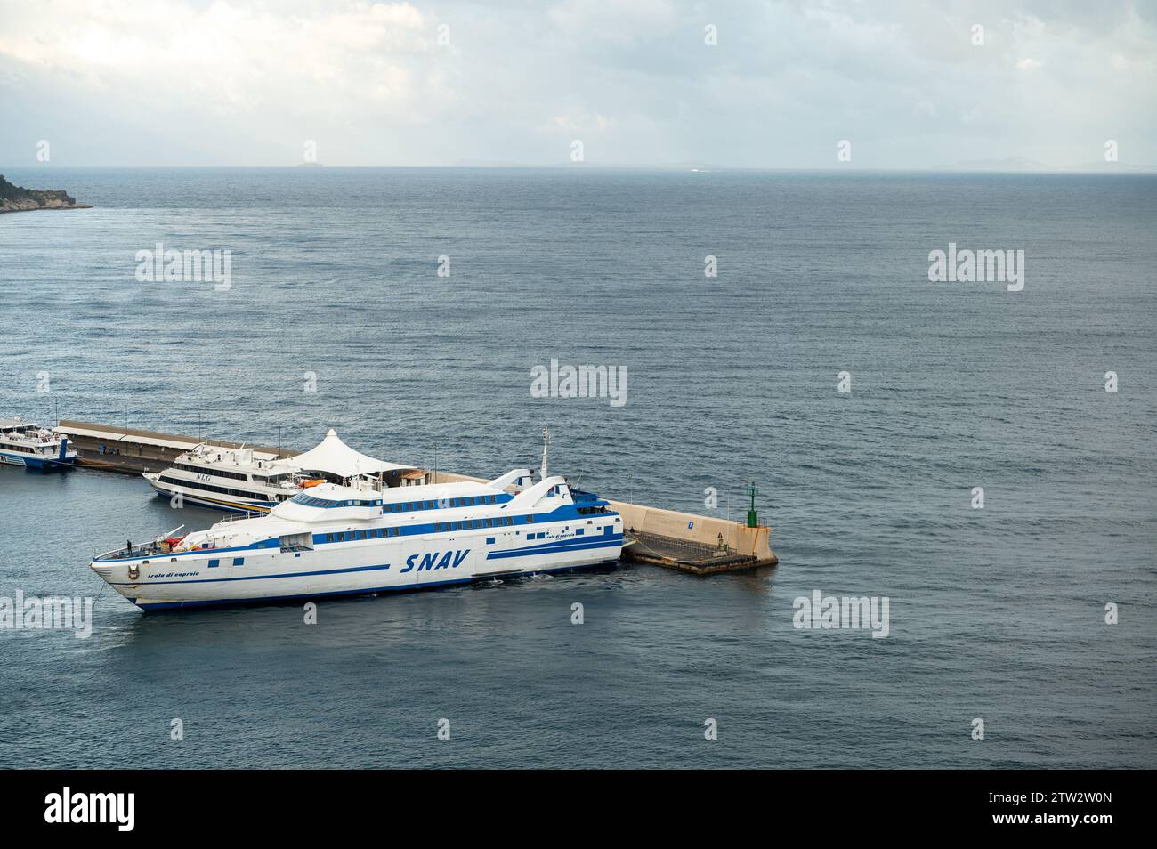 SORRENTO, ITALY - AUGUST 2019: Fast ferry of the SNAV company entering ...