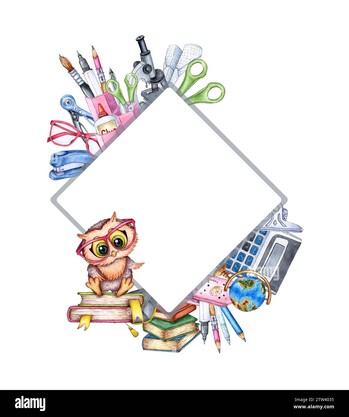 Watercolor illustration in diamond frame with students, school supplies ...