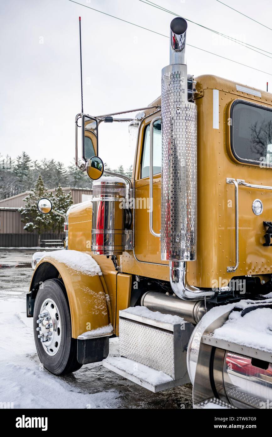 Gold day cab big rig semi truck tractor with chrome parts covered with ...