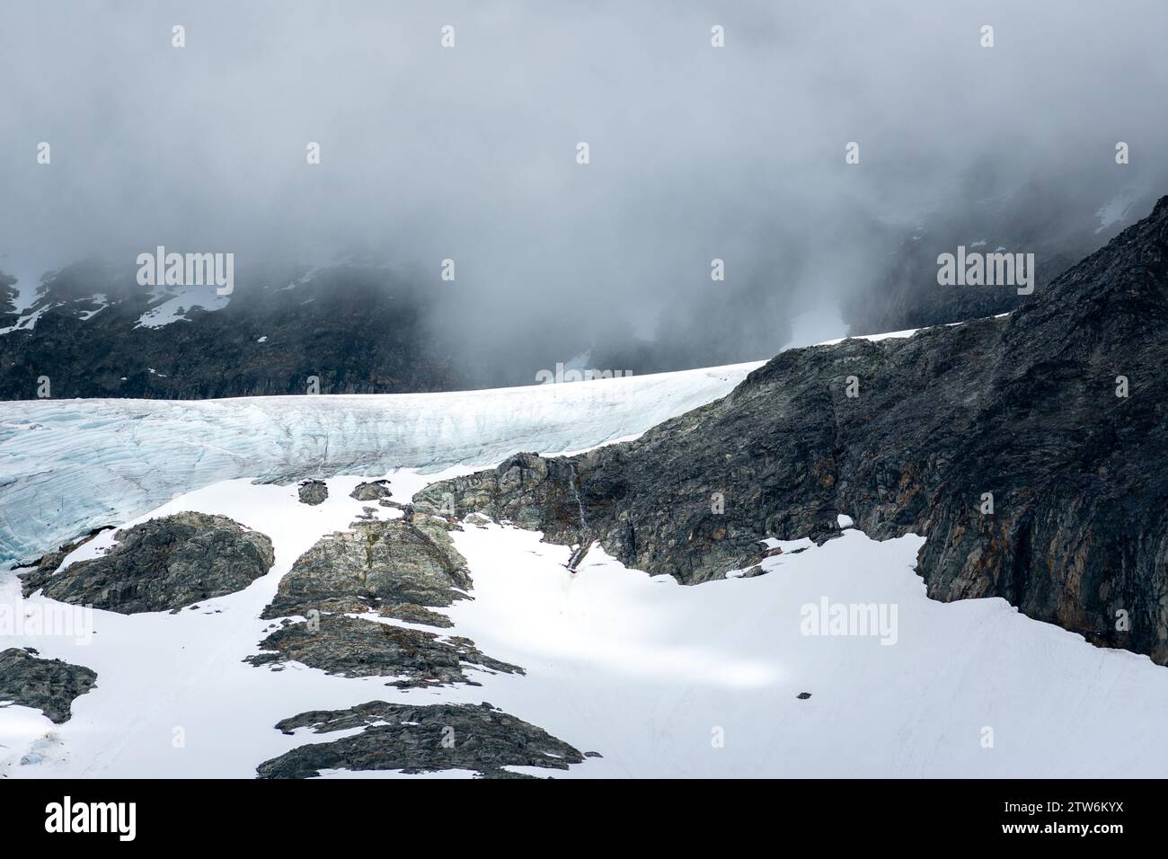 A serene yet foreboding view of the glacier at Wedgemount Lake as ...