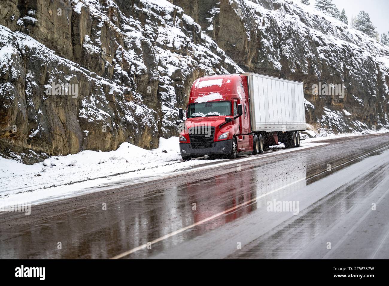 Red big rig semi truck with high cab for truck driver rest and dry van ...