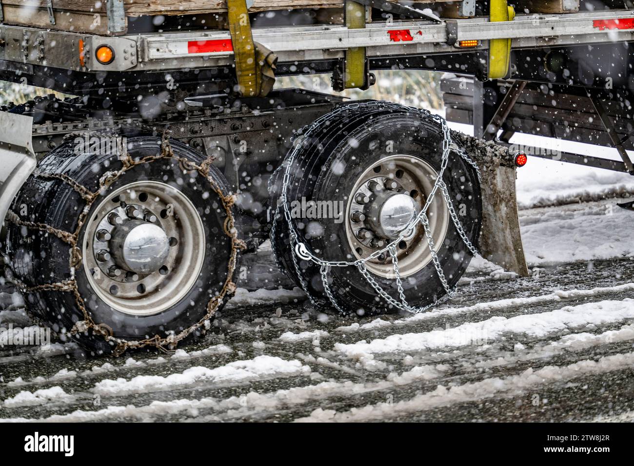 Important properly secured chains for better grip on slippery road on ...