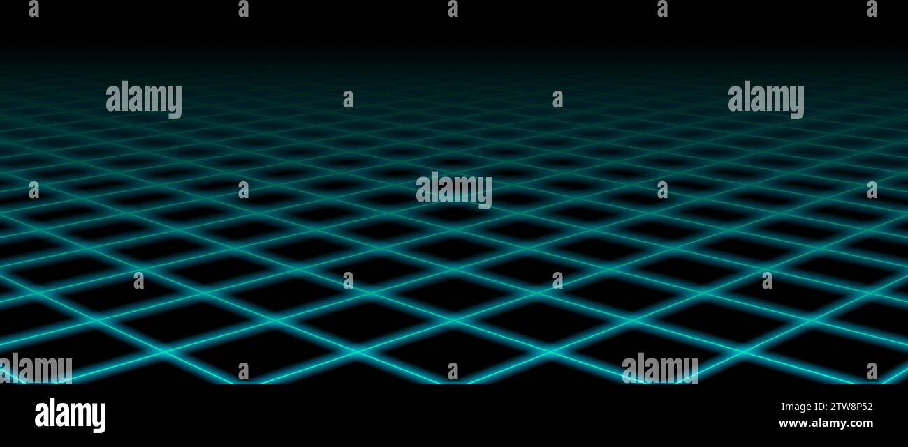 Glowing blue neon wireframe horizon background. Grid room floor vanishing in perspective. Bright ...