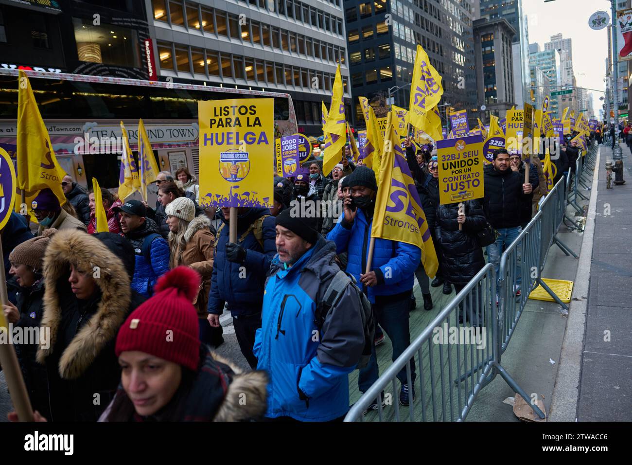 New York, New York, USA. 20th Dec, 2023. Members of the 32BJ union ...