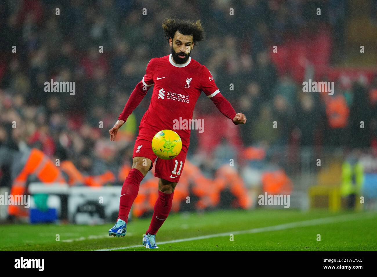 Liverpool's Mohamed Salah controls the ball during the English League Cup quarterfinal soccer ...