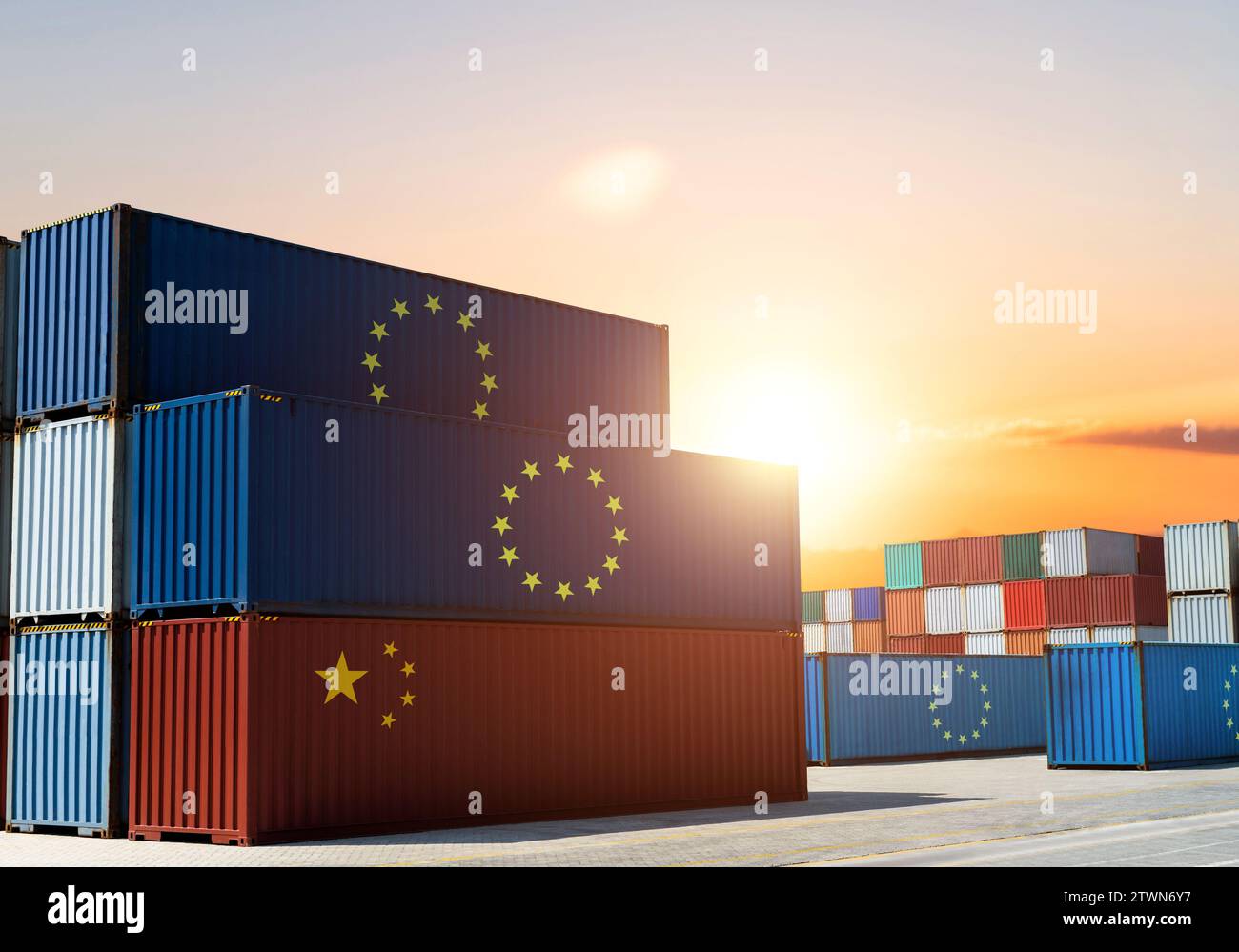 Large group of cargo containers with European Union flag and Chinese ...