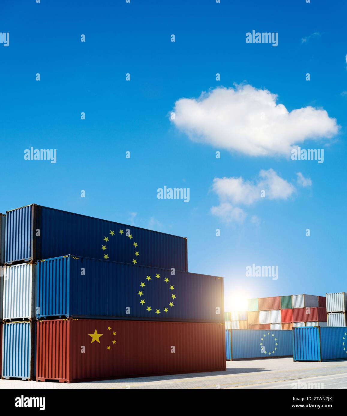 Large group of cargo containers with European Union flag and Chinese ...