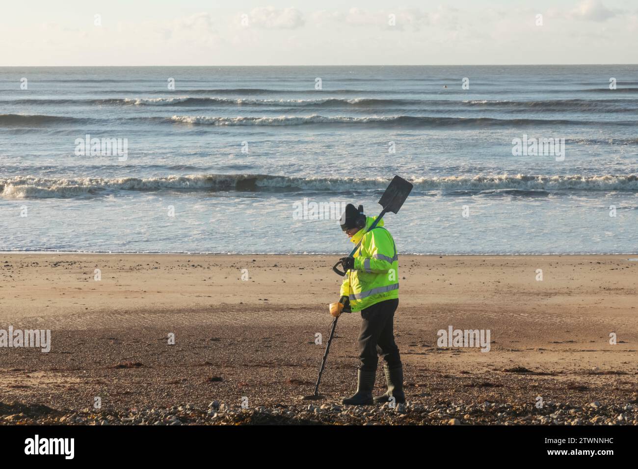 England, West Sussex, Littlehampton, Metal Detecting on the Beach Stock ...