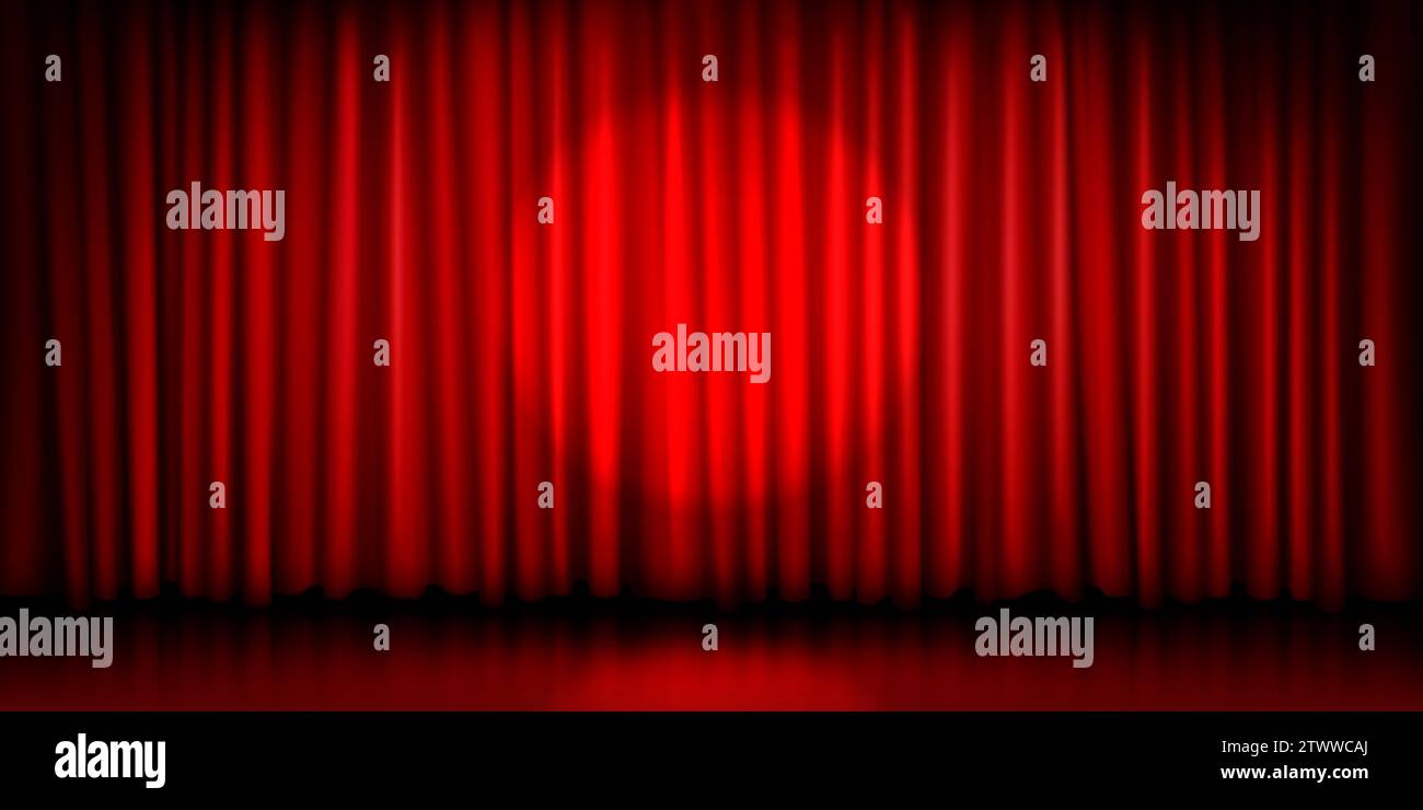 Theater stage with red closed curtain and round spotlight. Realistic ...
