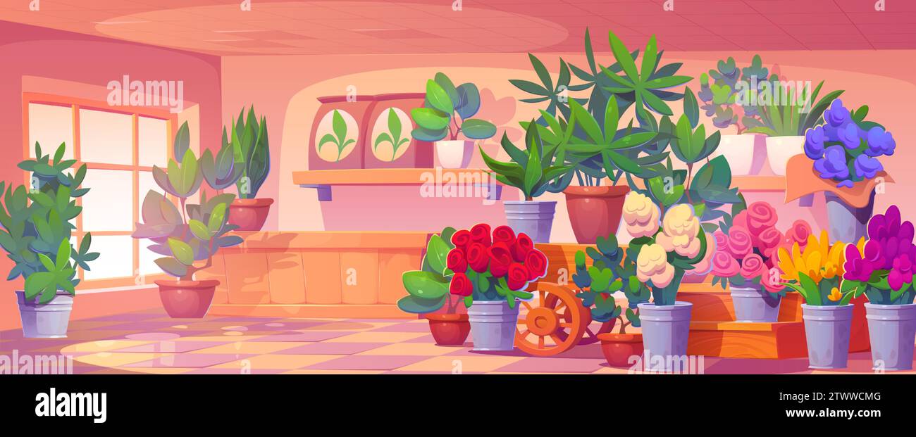 Flower shop interior design. Vector cartoon illustration of large room ...