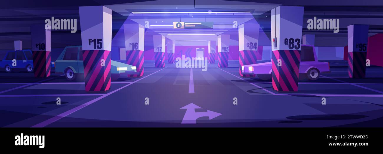Underground car parking interior at night. Cartoon vector illustration ...