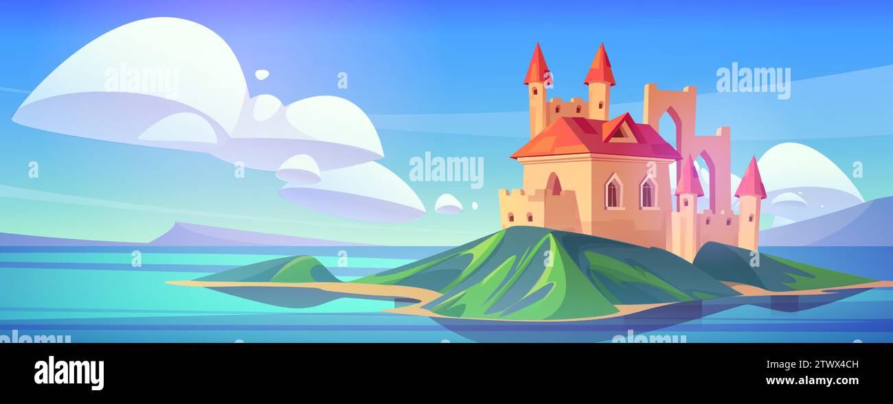 Fairytale castle on island in sea or lake. Cartoon vector landscape of ...