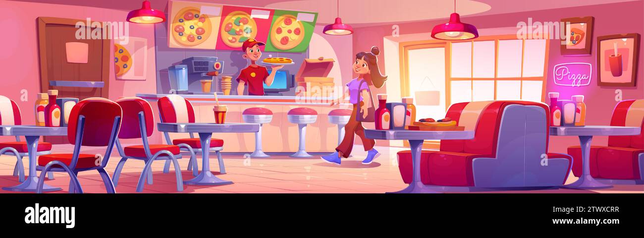 Pizza restaurant interior. Vector cartoon illustration of male ...