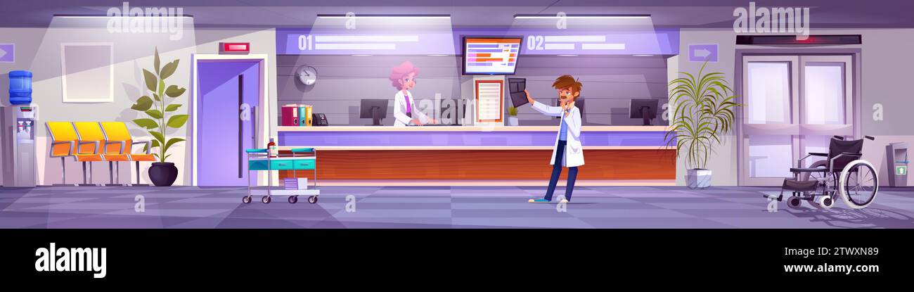 Hospital reception hall interior with woman receptionist and man doctor ...